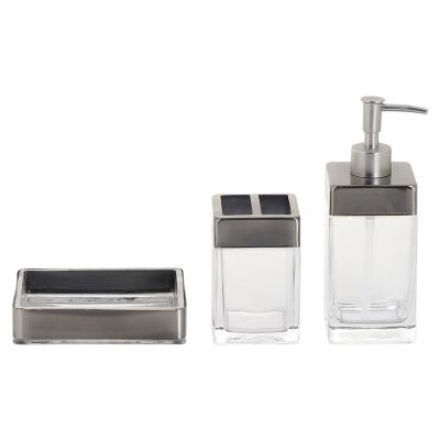 China Vintage Look 3pcs Bath Accessories Set Clear Glass And Brushed Metal for sale