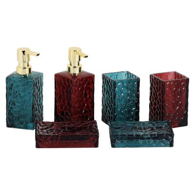 China Honeycomb Debossed Design Glass Bathroom Accessories In Red And Green for sale