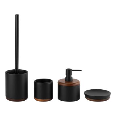 China Round Shape Black Polyresin Bathroom Accessories Polyresin Soap Dispenser With Acacia Wood Top for sale