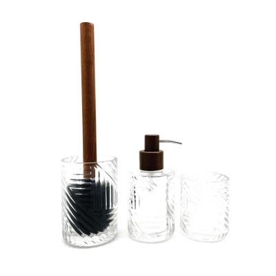 China Modern Design Glass Bathroom Set Home Decoration Clear Color With Wood Parts for sale