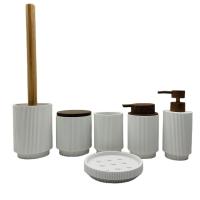 China white Vertical Stripe Polyresin bathroom Accessories Set with wood parts for sale