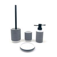 China 4 Pieces Polyresin Shower Accessories Countertop Toilet Brush Cleaner White Body Black Circle Line for sale