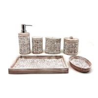 China Floral Debossed Polyresin Bathroom Accessories Countertop Toothbrush Tumbler Set Hand Print Pattern for sale