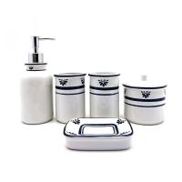 China 7.6X19.5CM Ceramic Bathroom Accessories Set Blue Decal Print White Ceramic Soap Dispenser for sale