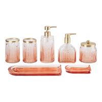 China PROFILE 7pcs Glass Bathroom Accessories Countertop Set Round With Circle Line Ombre Orange With Mat Gold Parts Soap Pump for sale