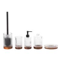 China 5pcs Glass Bathroom Accessories Set Clear With Wood Base Round Shape Ribbed Vertical Stripe for sale