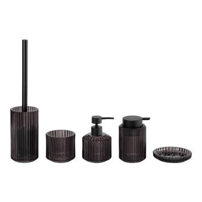 China 5pcs Glass Bathroom Accessories Set Black With Round Shape Ribbed Vertical Stripe for sale