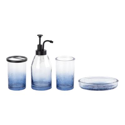 China 4pcs Glass Bathroom Accessories Set Ombre Blue Apothecary Head Crack Effect Round Shape for sale