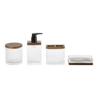 China Glass Bathroom Accessories Set Wood Pump Ribbed Vertical Stripe Soap Dispenser Tumbler for sale