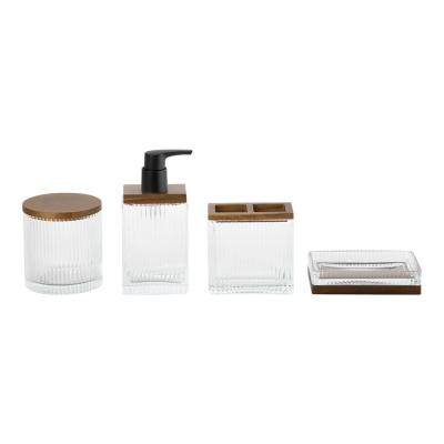 China Glass Bathroom Accessories Set Wood Pump Ribbed Vertical Stripe Soap Dispenser Tumbler for sale