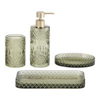 China Glass Bathroom Accessories Set Green Color Round Shape Diamond Pattern Soap Dispenser Tumbler Soap Dish Towel Tray for sale