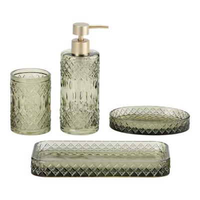 China Glass Bathroom Accessories Set Green Color Round Shape Diamond Pattern Soap Dispenser Tumbler Soap Dish Towel Tray for sale
