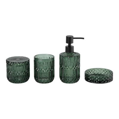 China Glass Batroom Set Lotion Bottles With Pump Green Color Diamond Pattern For Home for sale