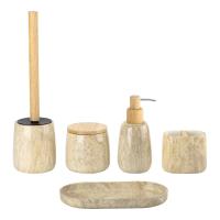 China Round Shape Marble Print Polyresin Bathroom Accessories Soap Dispenser With Wood Part for sale
