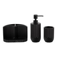 China 3pcs Sand Stone Bath Kit Round Shape Swirl Stripe Lotion Dispenser Black ABS Pump Tumbler Toothbrush Tray for sale