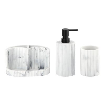 China White Marble Print Polyresin Bathroom Accessories Set Caddy Ribbed Vertical Stripe Lotion Pump Tumbler Toothbrush Tray for sale