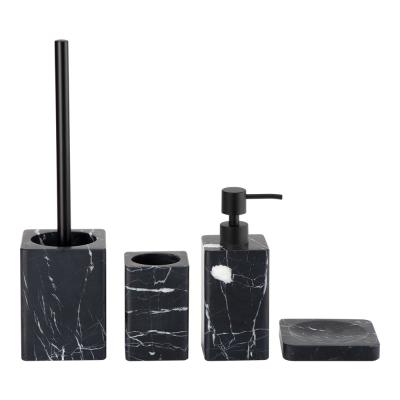 China 4PCS Nature Marble Bathroom Accessories Set Square Shape With Eased Edge Black With White Veins Lotion Pump for sale