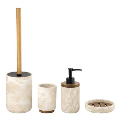 China Marble Print Polyresin Bathroom Set Round Shape Wood Part Empty Lotion Bottles With Pump Soap Accessories Bath Kits for sale