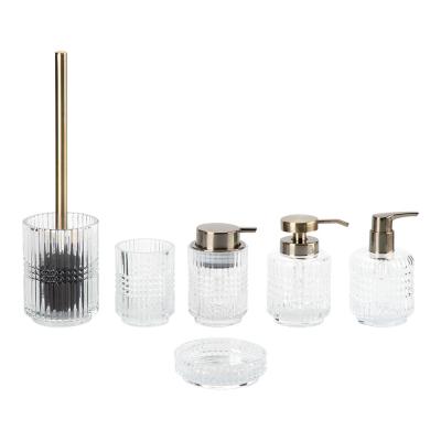 China Glass Clear Bathroom Accessories Set Round Shape Diamond Pattern And Stripe Glass Soap Dispenser for sale