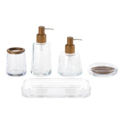 China Round Shape Clear Glass Bathroom Accessories Set with Wood Part Soap Dispenser for sale