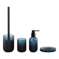 China Round Pale Blue Glass Bathroom Accessories Set with Ribbed Vertical Stripe Soap Dispenser for sale