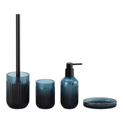 China Round Pale Blue Glass Bathroom Accessories Set with Ribbed Vertical Stripe Soap Dispenser for sale