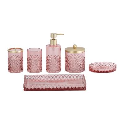 China Round Pink Glass Bathroom Accessories Set with Diamond Dots Soap Dispenser for sale