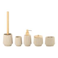 China Wooden Pump Head Sand Stone Bath Accessories Sets with Round Shape and Ribbed Vertical Stripe for sale