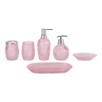 China Ribbed Vertical Stripe Glass Bathroom Accessories Set in Pink Color for Luxury Bath and Hotel for sale