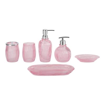 China Ribbed Vertical Stripe Glass Bathroom Accessories Set in Pink Color for Luxury Bath and Hotel for sale