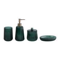 China Glass Bathroom Accessories Set Green Color Round Taper Shape With Ribbed Vertical Stripe Bathroom Countertop Accessories Hand Soap Bottle for sale