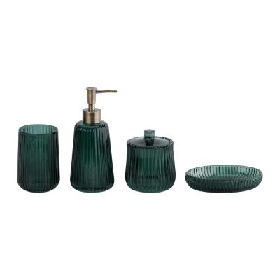 China Glass Bathroom Accessories Set Green Color Round Taper Shape With Ribbed Vertical Stripe Bathroom Countertop Accessories Hand Soap Bottle for sale