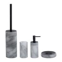 China Glass Bathroom Accessories Set Round Shape With Marble Print Glass Lotion Dispenser Bottle Toothbrush Cup for sale