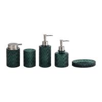 China Dark Green Glass Modern Bathroom Accessories Set Round Shape With Diamond Pattern Hand Soap Dispenser Soap Dish For Shower Tumbler for sale