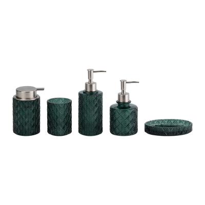 China Dark Green Glass Modern Bathroom Accessories Set Round Shape With Diamond Pattern Hand Soap Dispenser Soap Dish For Shower Tumbler for sale