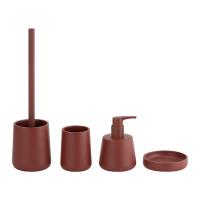 China Polyresin Bathroom Countertop Accessories Red Round Taper Toilet Brush Hand Soap Dispenser Tumbler Holder Soap Dish for sale