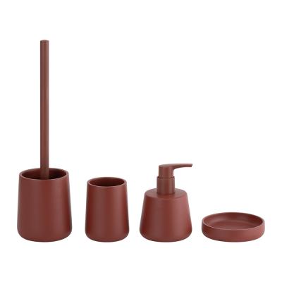 China Polyresin Bathroom Countertop Accessories Red Round Taper Toilet Brush Hand Soap Dispenser Tumbler Holder Soap Dish for sale