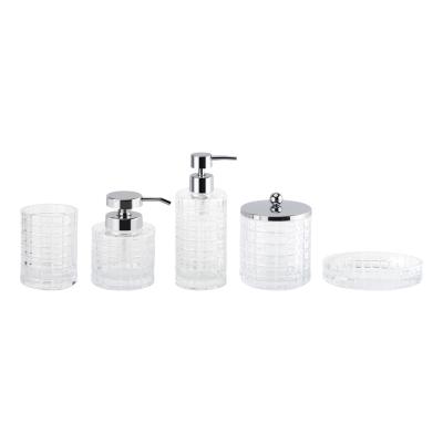 China Clear Glass Bathroom Countertop Accessories with Big Checker Box Cotton Jar Tumbler Soap Dish BSCI Certified Round Shape for sale