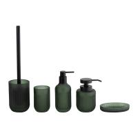 China Dark Green Glass Bathroom Countertop Accessories Modern Round Soap Dish and Toothbrush Tumbler Holder with Ribbed Stripe for sale