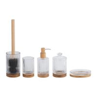 China Glass Bathroom Countertop Accessories Clear With Round Shape And Ribbed Vertical Stripe And Wood Base Toothbrush Tumbler Soap Dish Cotton Jar for sale