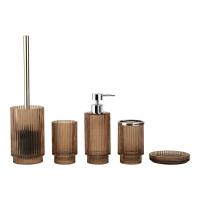 China Chili And Brown Glass Bathroom Accessories Round Shape With Ribbed Vertical Stripe Hand Soap Bottle Soap Dish Holder for sale