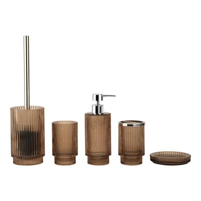 China Chili And Brown Glass Bathroom Accessories Round Shape With Ribbed Vertical Stripe Hand Soap Bottle Soap Dish Holder for sale