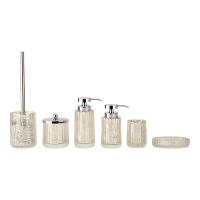China Mercury Gold Glass Bathroom Accessories Round Shape With Ribbed Vertical Stripe Soap Liquid Bath Soap Dispenser Tumbler for sale