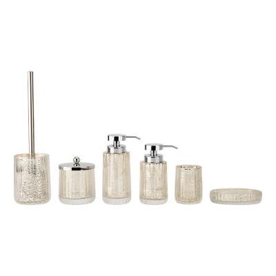 China Mercury Gold Glass Bathroom Accessories Round Shape With Ribbed Vertical Stripe Soap Liquid Bath Soap Dispenser Tumbler for sale
