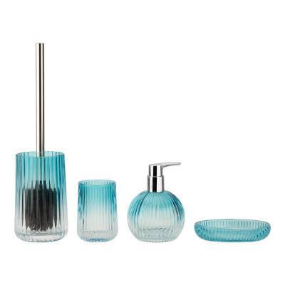 China Glass Bathroom Accessories Round Shape With Ribbed Vertical Stripe Hand Soap Bottle Bath Soap Dispenser for sale