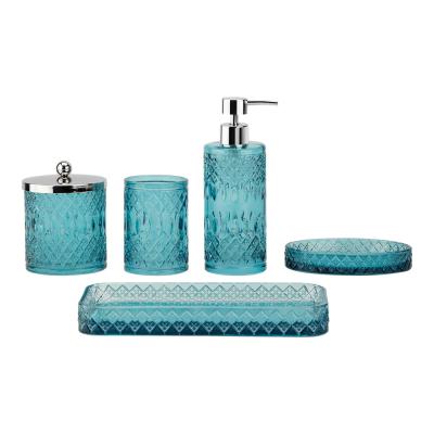 China Purple And Blue Glass Bathroom Accessories Set Round Shape With Mixed Pattern Soap Dish For Bathroom Hand Wash Dispenser for sale