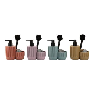 China 3N1 Sand Stone Kitchen Utensil Caddy Soap Dispenser With Vertical Stripe With Cleaing Ball And Black Brush for sale