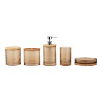 China 5pcs Modern Bathroom Accessories Set Oval Circle With Natural Wood Top Glass Toothbrush Holder for sale