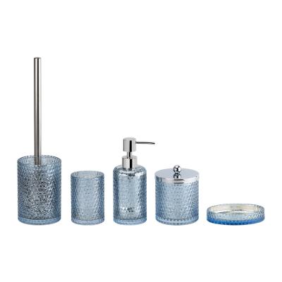 China 5pcs Glass Bathroom Accessories Set Mercury Blue With Honeycomb Toilet Brush Holder for sale