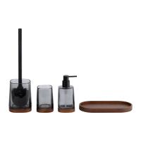 China 4pcs smoke glass bathroom accessories set round with wood part hand soap bottle for sale